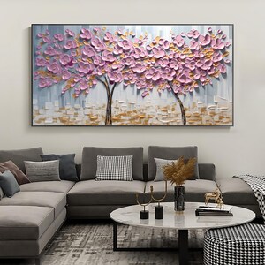 Original 3D Pink Tree Texture Canvas Oil Painting, Abstract Gray ...