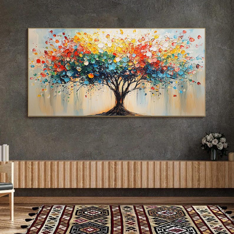 Abstract Colorful Tree Oil Painting, Original Blooming Tree Canvas Art ...