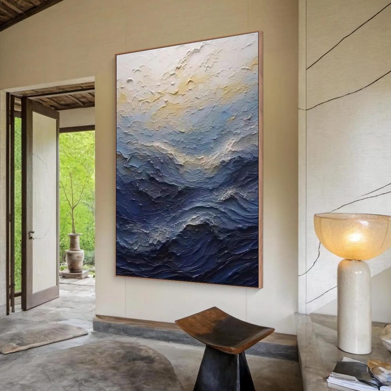3D Textured Ocean Art, Blue and Gold Wavy Painting, Large Abstract ...