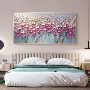 Original 3D Pink Tree Texture Canvas Oil Painting, Large Abstract Hand ...