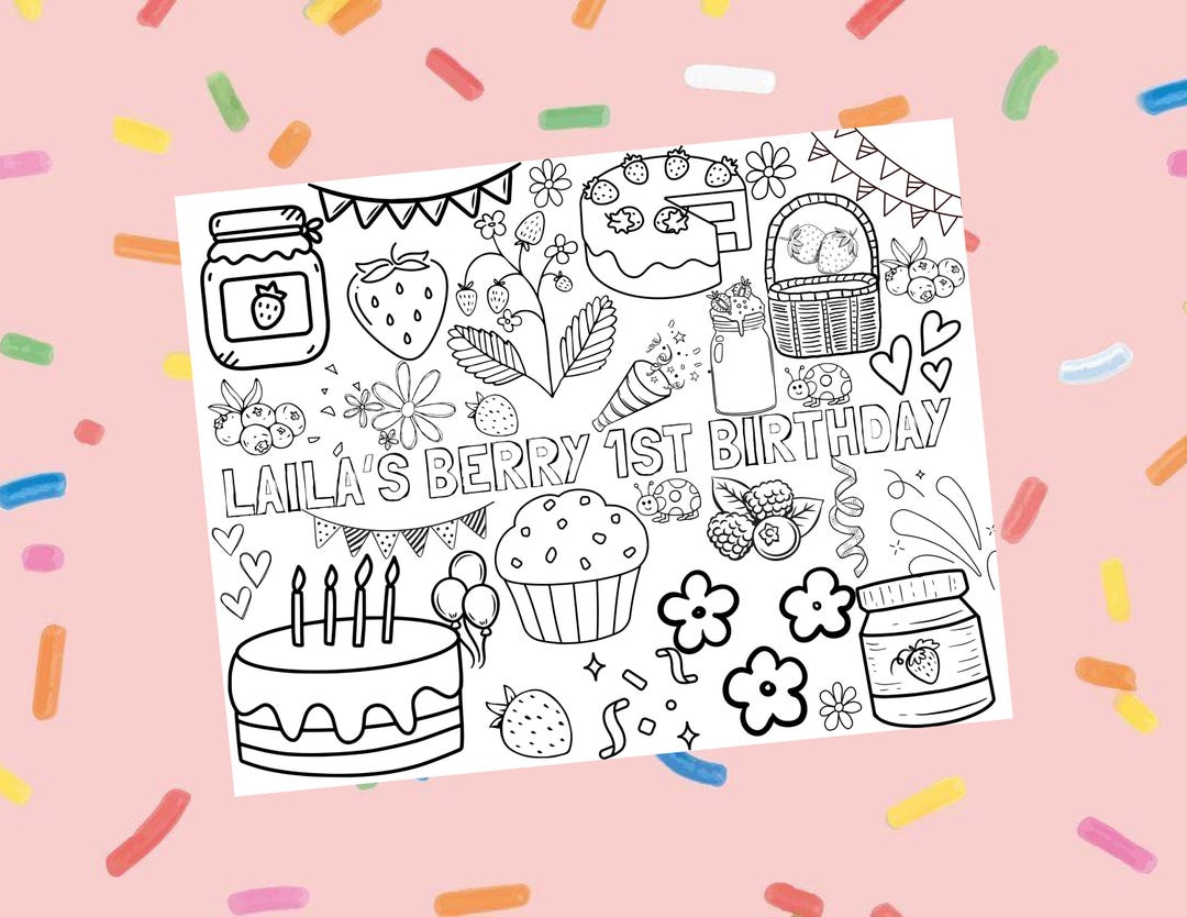 Berry First Birthday Coloring Page | Personalized Party Activity (PDF ...