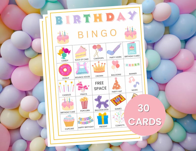 30 Birthday Bingo Cards Printable Game, Pastel Kids Birthday Bingo ...