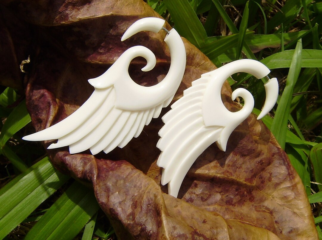 Fake Gauge Earrings, Wing, White Bone , Angel Wings, Hand Craved ...
