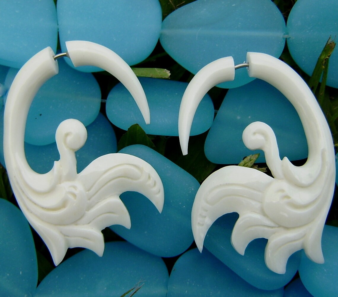 Fake Gauge Earrings Bone Split Gauge Fancy Craved Flower - Etsy