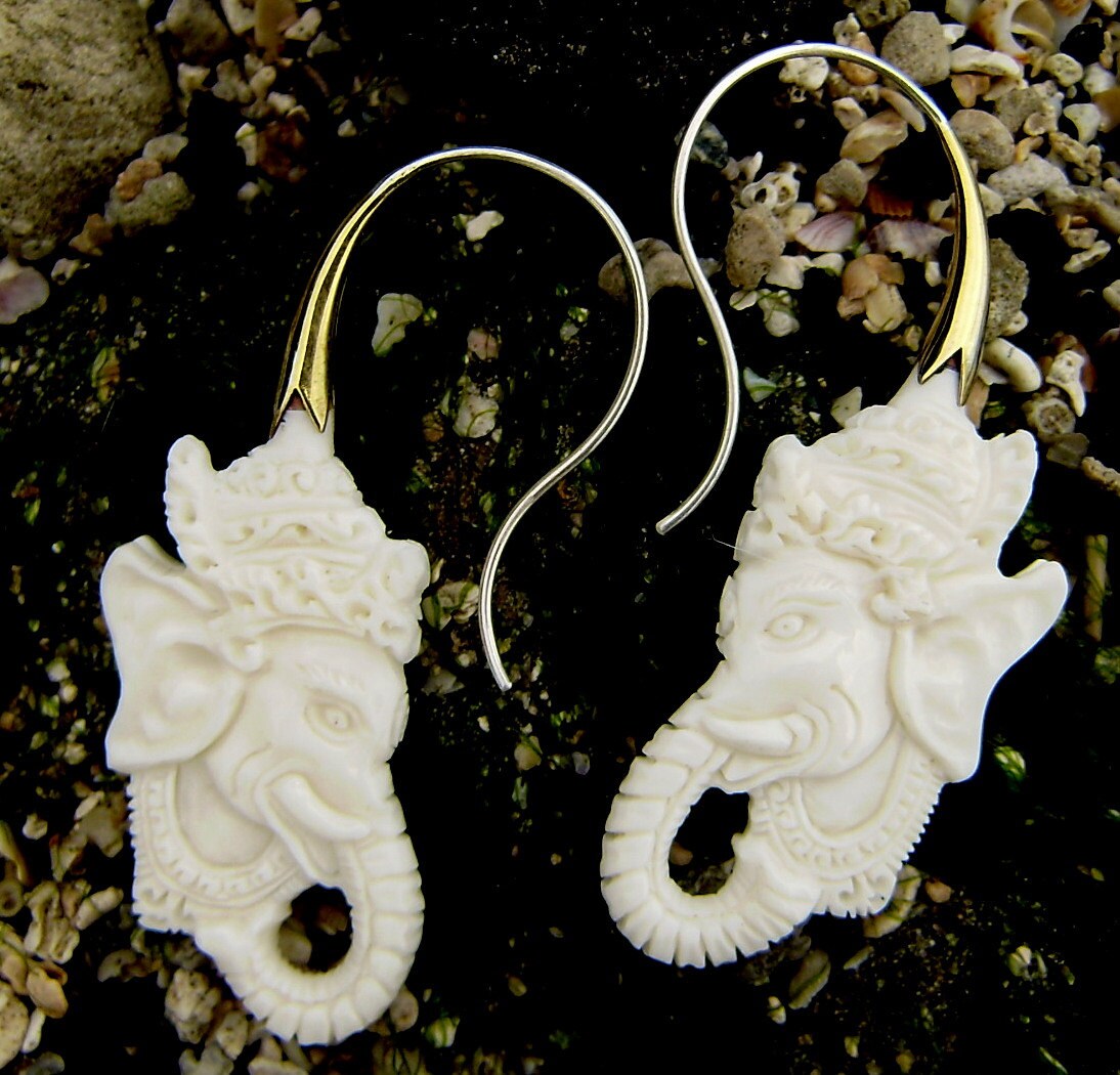 Wire Gauge Ganesha Elephants Earrings, Bone, Split Gauge, Good Luck ...