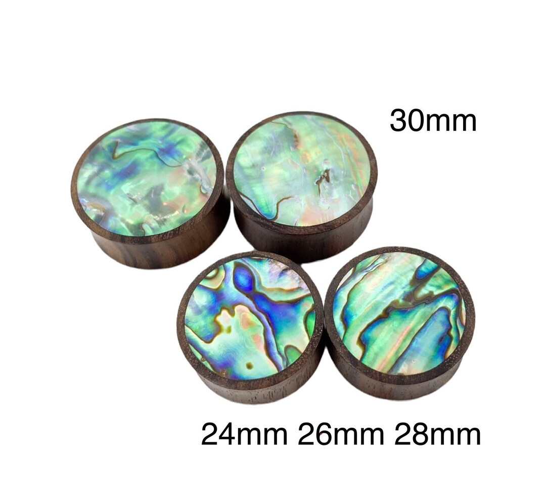 Real Gauge, Natural Wood, Abalone Shell, Handmade, 24mm, 26mm, 28mm ...