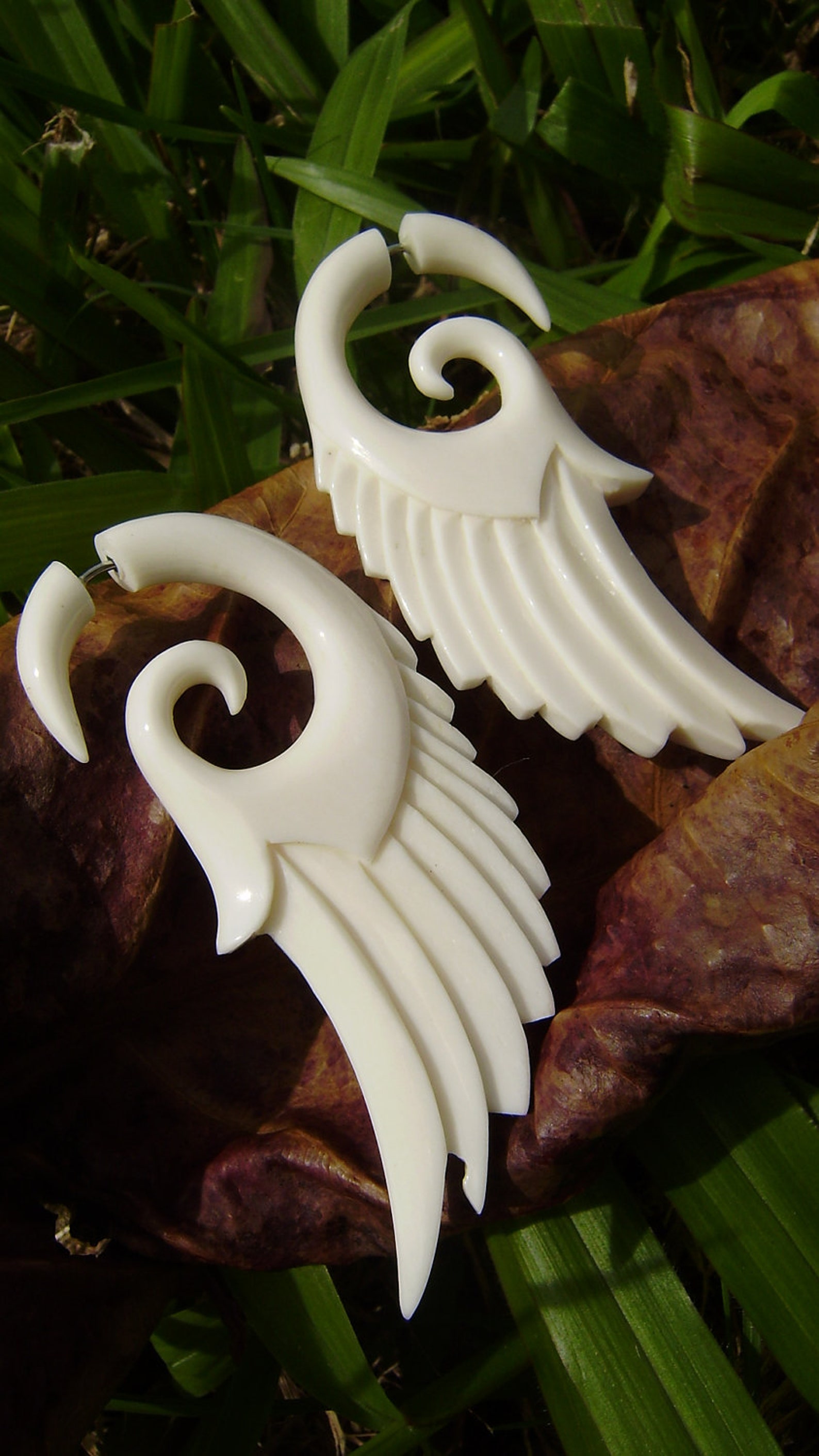 Fake Gauge Earrings Wing White Bone Angel Wings hand | Etsy