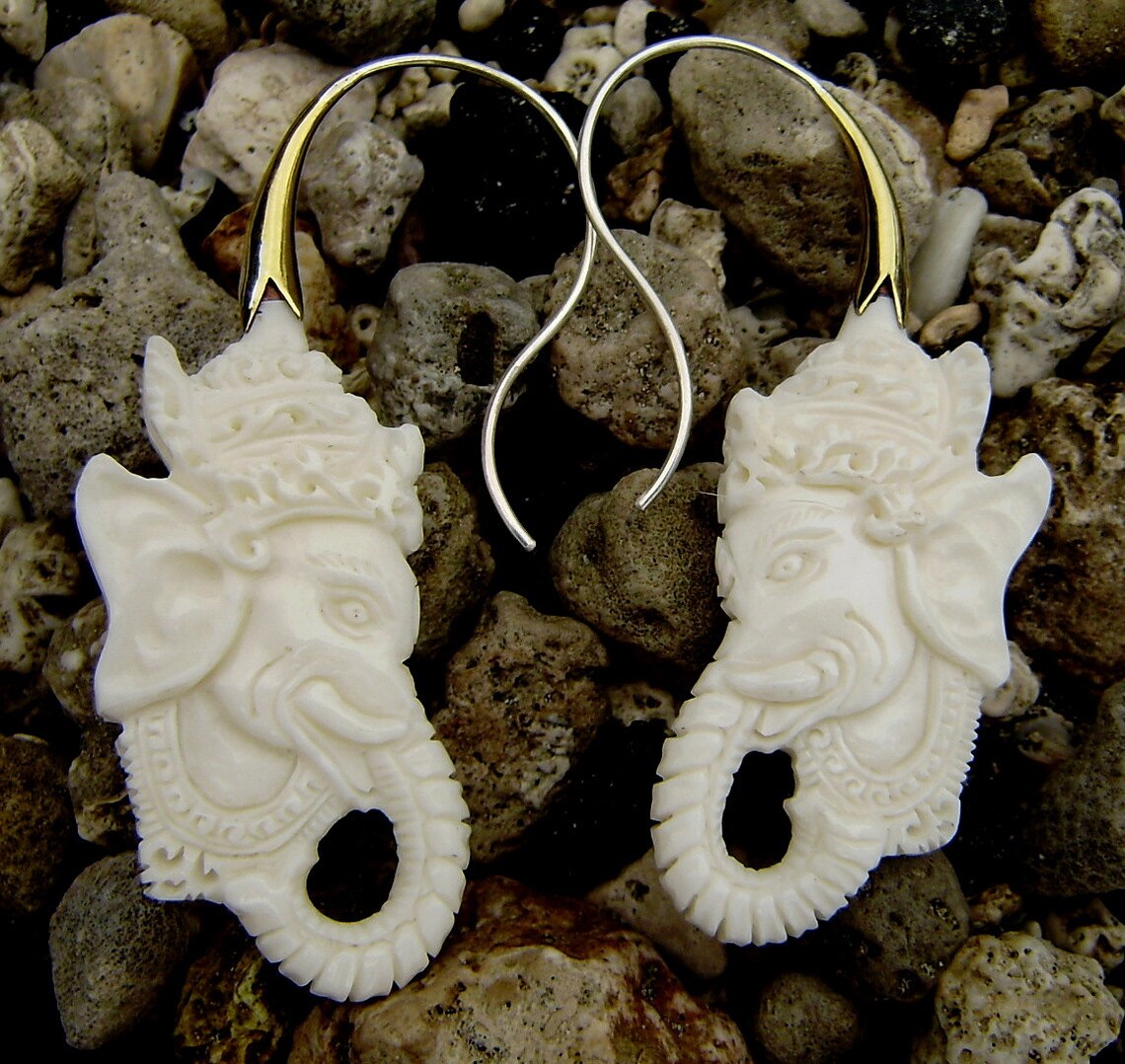 Wire Gauge Ganesha Elephants Earrings, Bone, Split Gauge, Good Luck ...