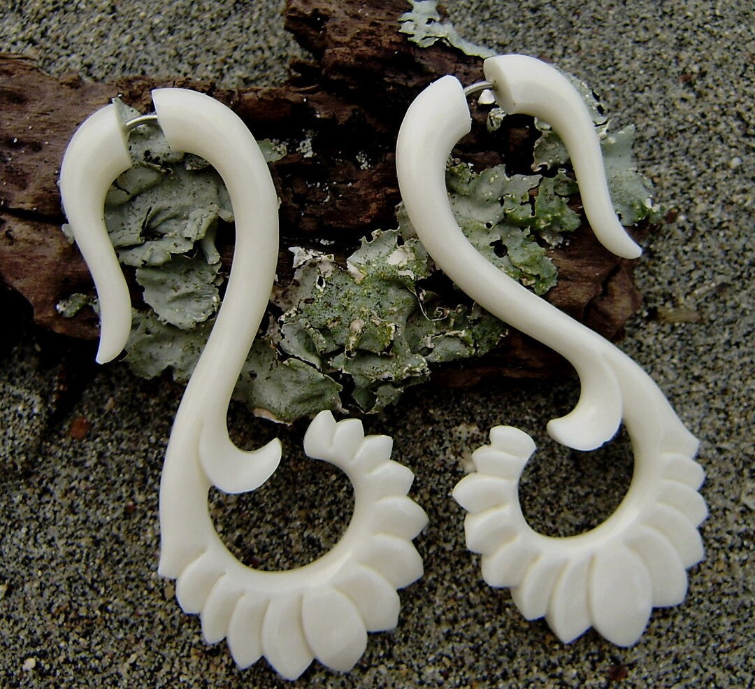Fake Gauge Earrings - Natural White Bone Fancy Spiral Tribal Expanders ...