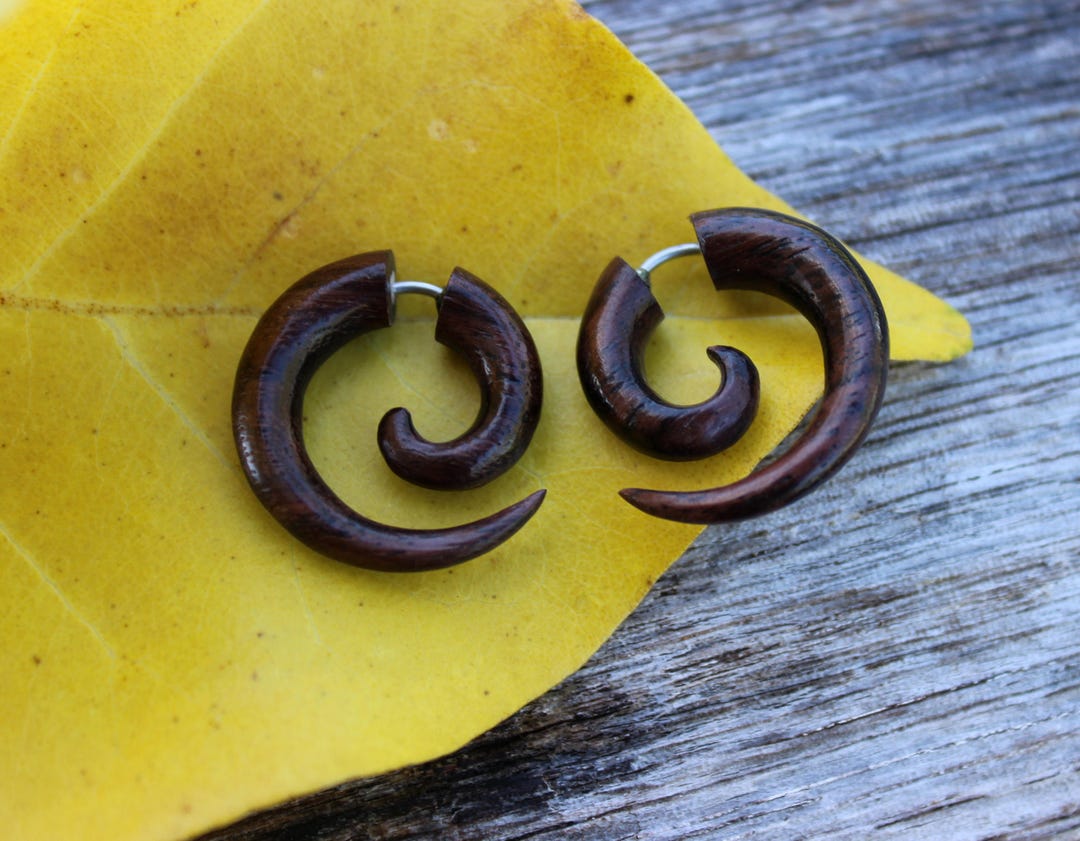 Spiral Fake Gauge Earrings ,wood ,organic, Tribal Style, Earrings ...