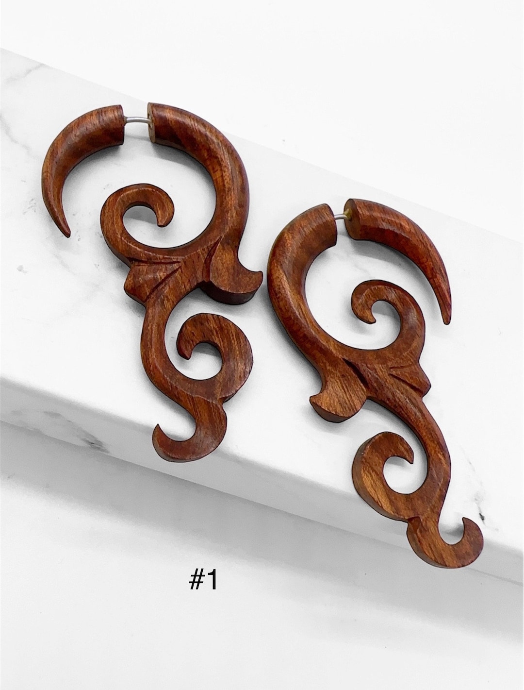 Fake Gauge Earrings, Wood, Organic, Tribal Expander ,split Earrings ...