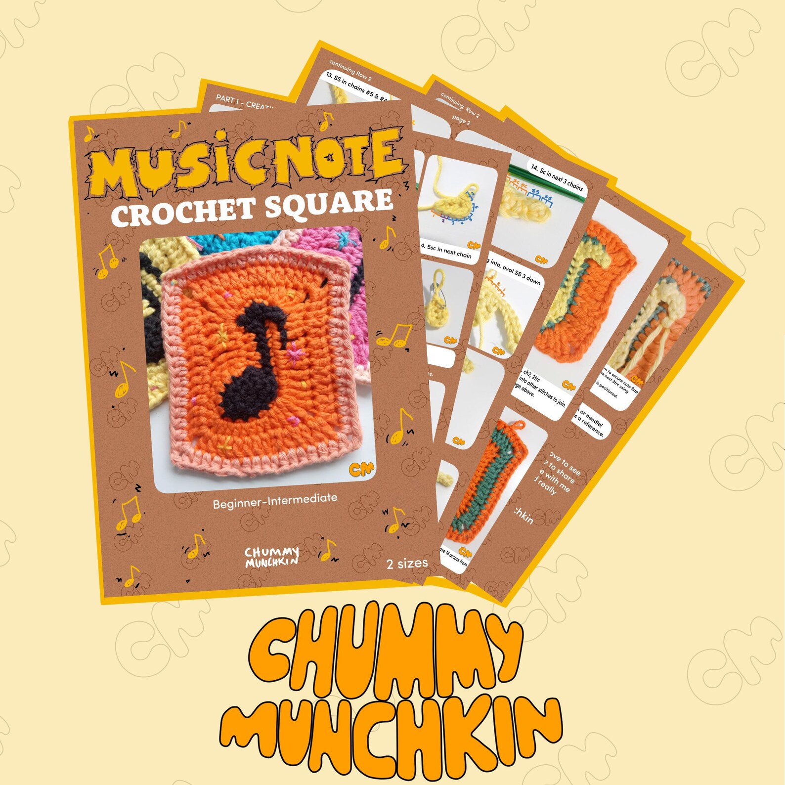 Music Note Crochet Square PDF Crochet Pattern - 2 Sizes Beginner ...