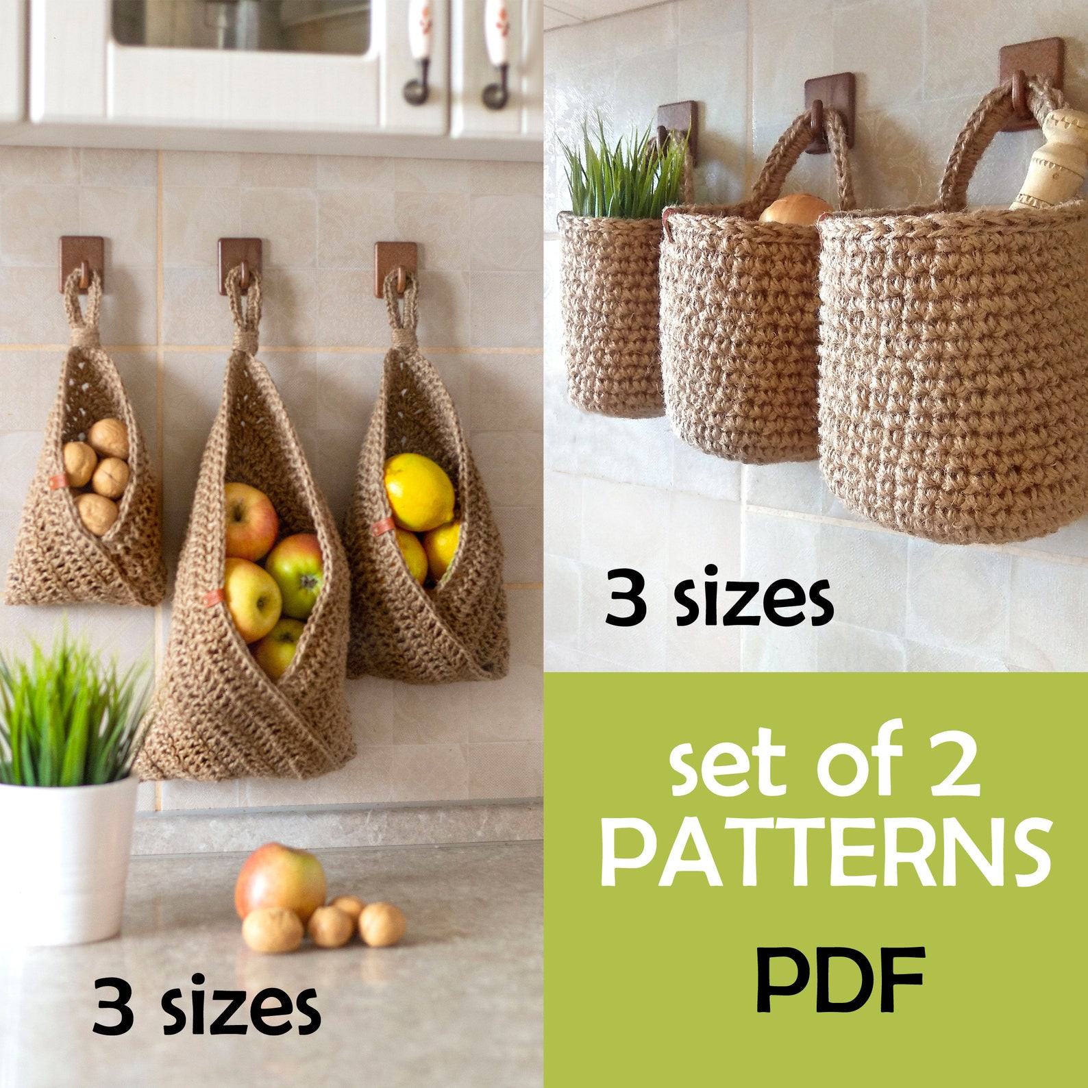 Crochet Pattern Hanging Wall Baskets Vegetable Baskets Set Jute Basket ...
