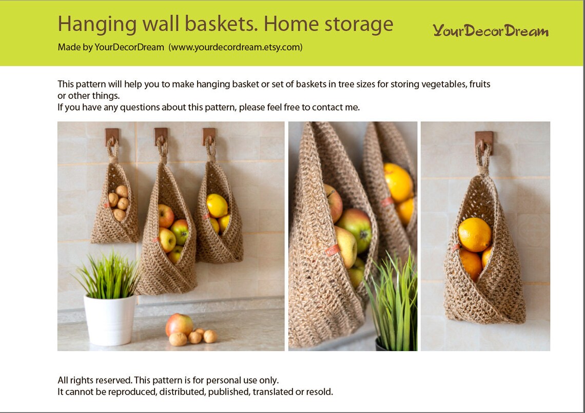 Crochet Pattern Hanging Wall Baskets Vegetable Baskets Set Jute Basket ...
