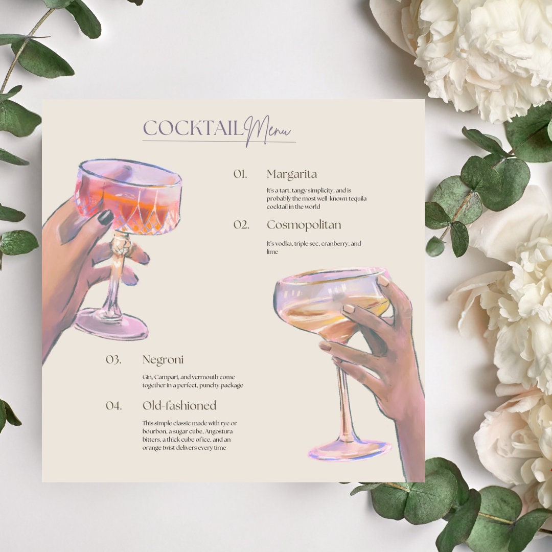 Cocktail Menu Wedding, Minimalist Bar Menu Board, Printable Wedding ...