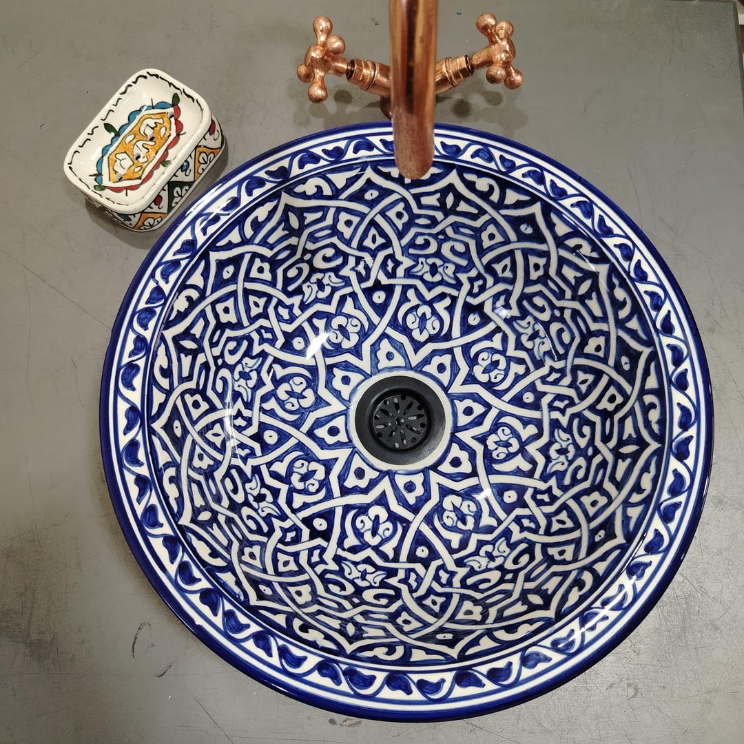 Artisan Blue Moroccan Vessel Sink – Handmade Zellige Pottery Basin With ...