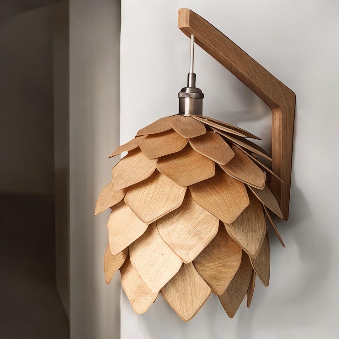 Handmade Wooden Pinecone Wall Lamp Cozy Rustic Sconce Light in Oak and ...