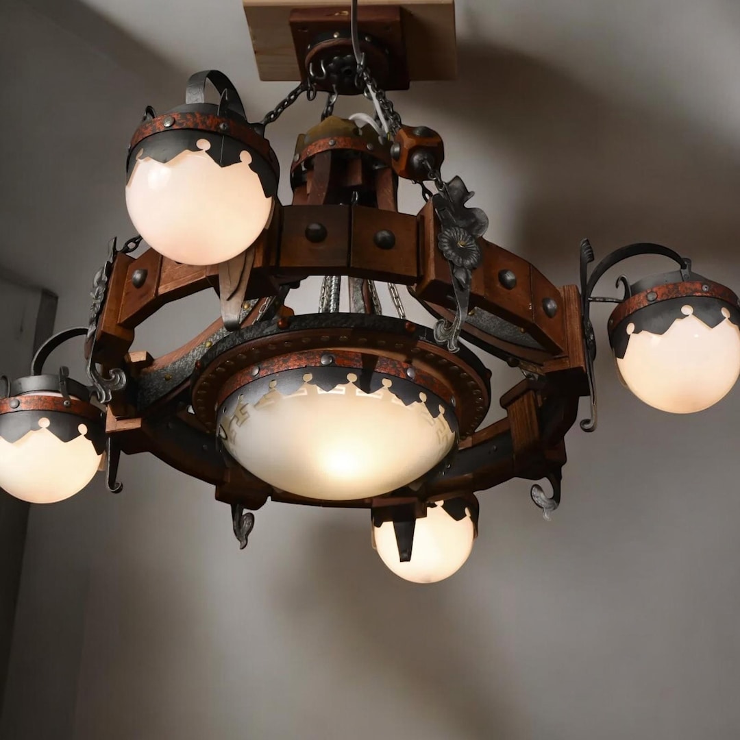 Rustic Wood & Iron Chandelier Gothic Medieval Ceiling Light With ...