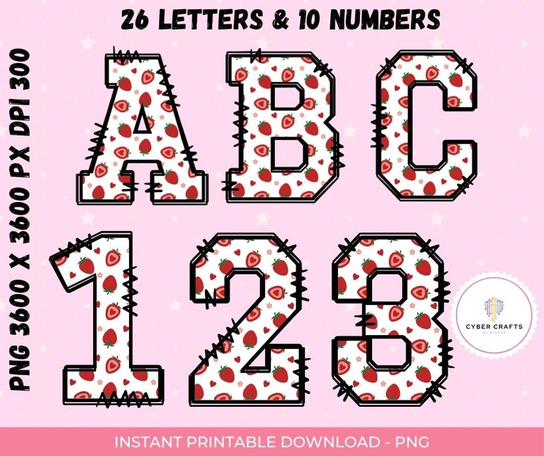 Varsity Doodle Alphabet & Numbers PNG | Strawberry and Heart Letters ...