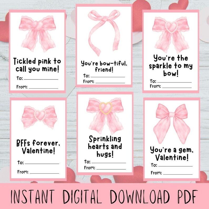 Coquette Bow Kids Valentine's Day Cards, Printable Classroom Valentines ...
