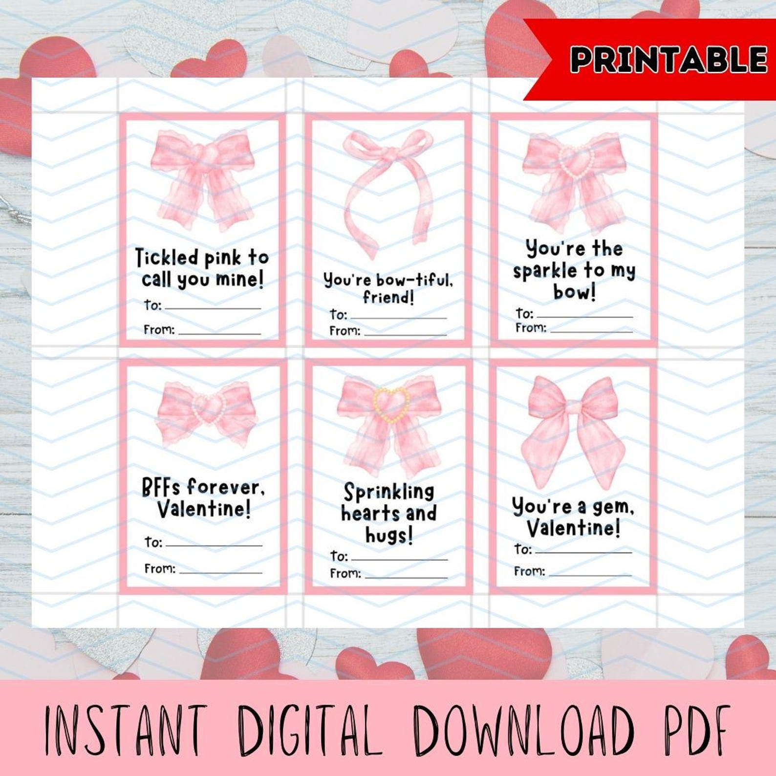 Coquette Bow Kids Valentine's Day Cards, Printable Classroom Valentines ...