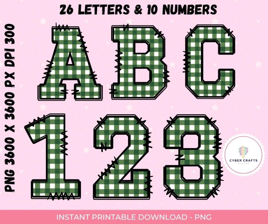Green Gingham Alphabet & Numbers PNG | Varsity Doodle Letters | 5x7 ...
