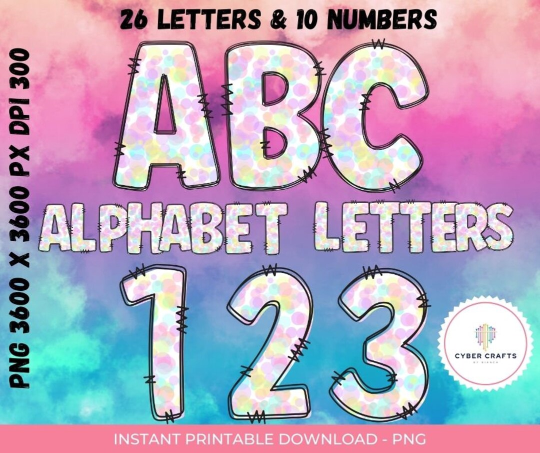 Watercolor Pastel Rainbow Dots Varsity Doodle Alphabet PNG Set ...