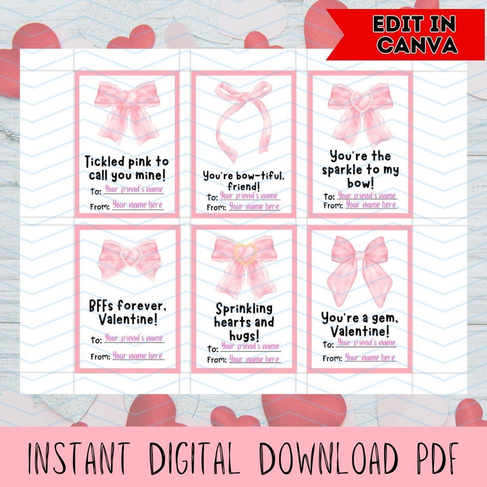 Coquette Bow Kids Valentine's Day Cards, Printable Classroom Valentines ...