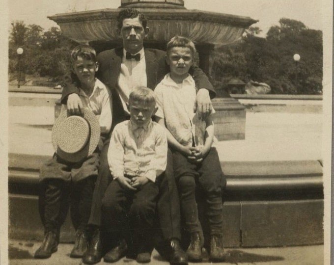 Original Vintage Photo Snapshot Man & Boys Pose by Pool Fountain 1910s ...