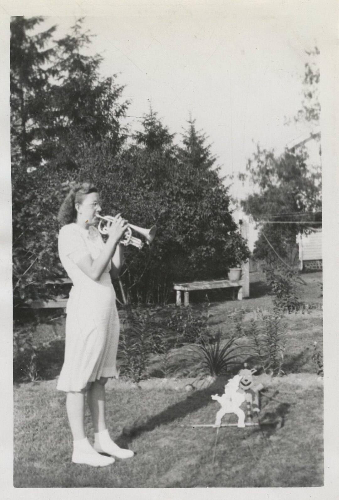 Original Vintage Photo Snapshot Woman Outdoors Playing Bugle 1940s - Etsy
