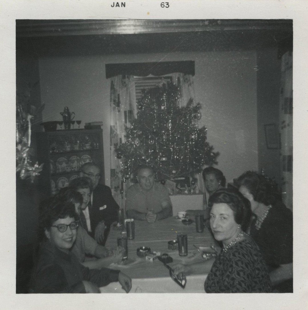 Original Vintage Photo Snapshot Men Women at Table by Christmas Tree ...