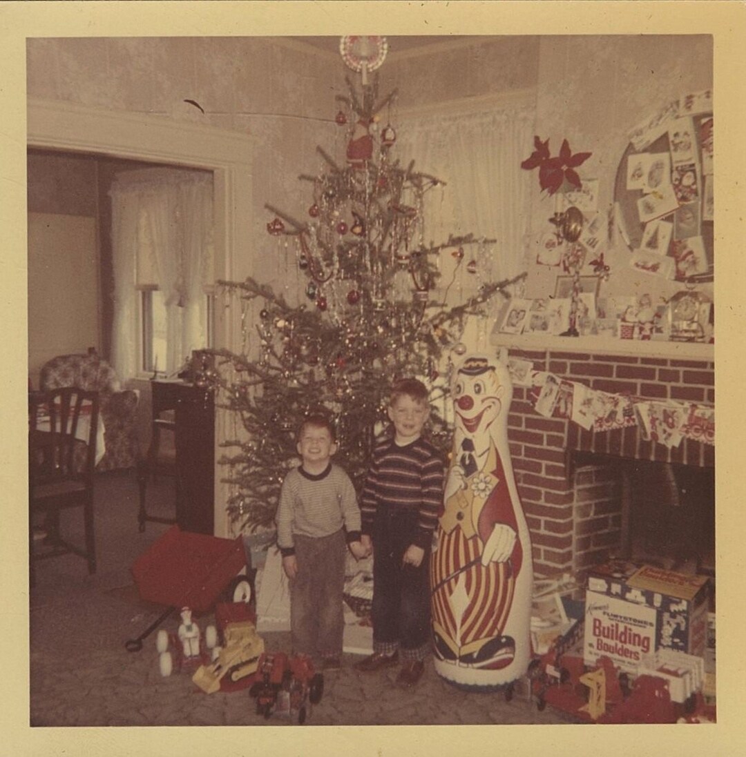 Original Vintage Color Photo Snapshot Boys Punching Bag Toy Bulldozer ...