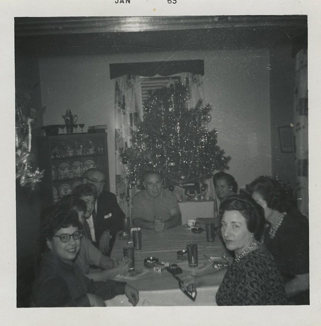 Original Vintage Photo Snapshot Men Women at Table by Christmas Tree ...