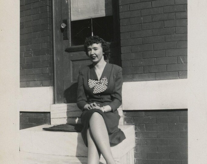 Original Vintage Photo Snapshot Woman Sitting on Stoop by Door 1940s ...