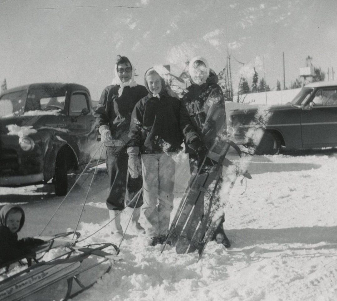 Original Vintage Double Exposure Photo Snapshot Woman Children Snow ...