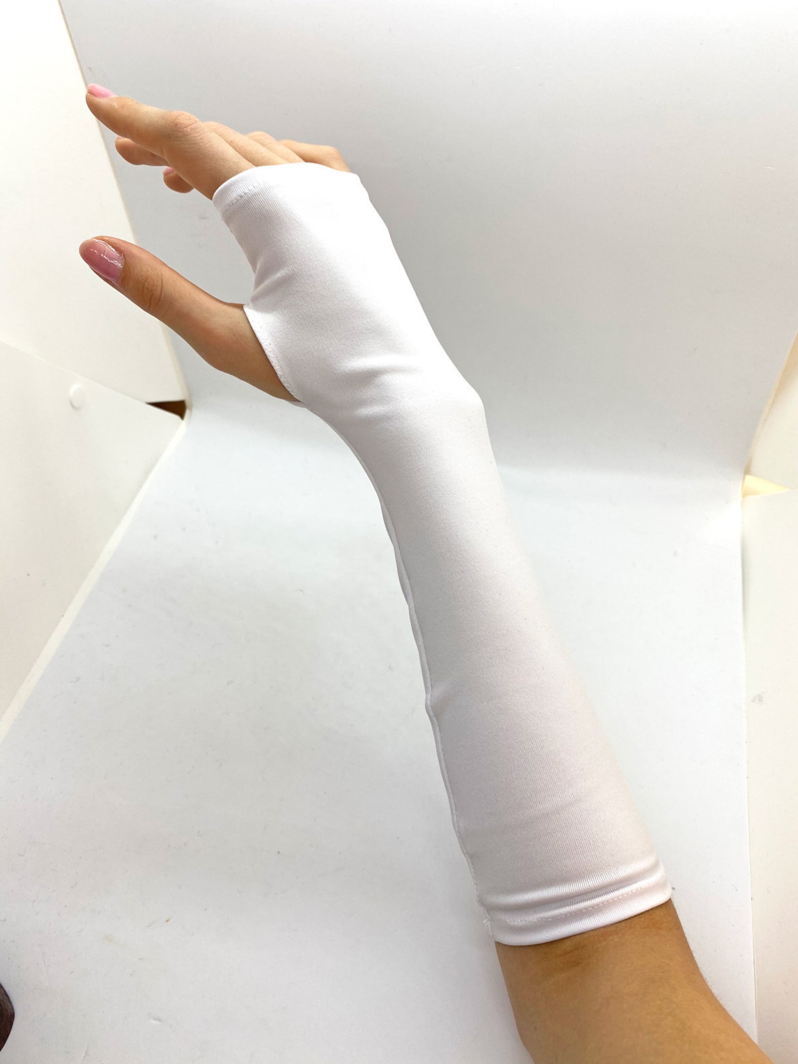 SPF 50 White or Black Stretch Long Fingerless Gloves. One Size Fits All ...