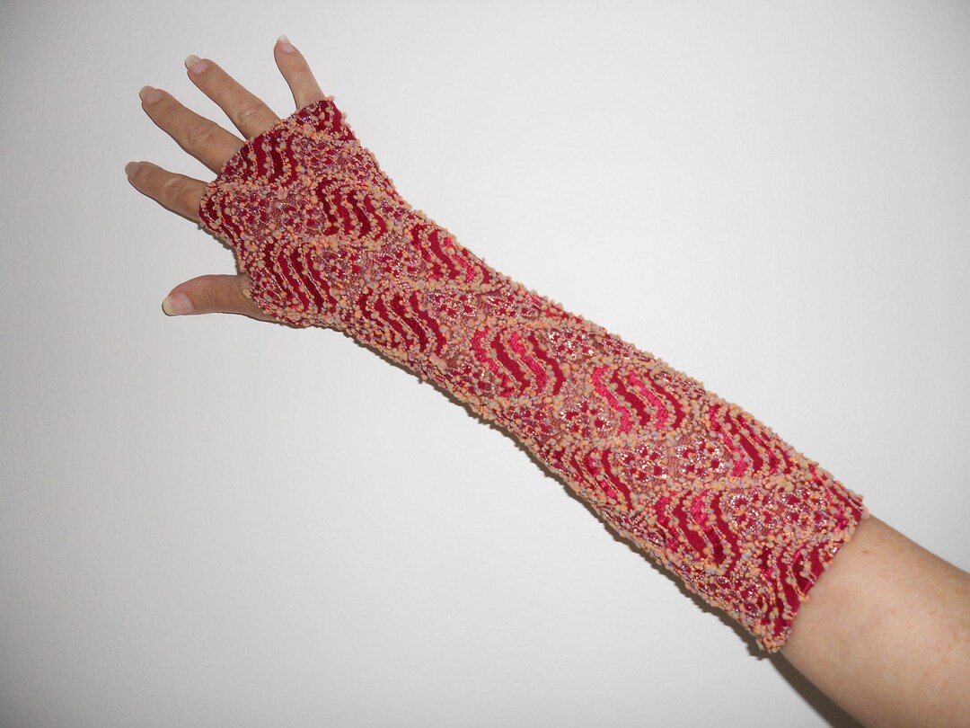 Red Textured Long Fingerless Gloves. Sleek and Stretchy. One Size Fits ...