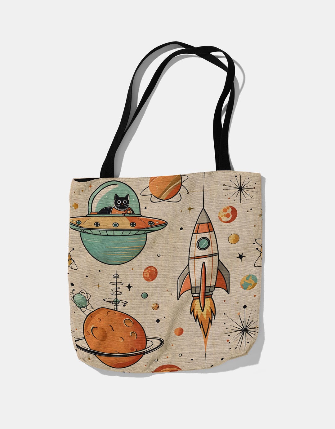 Retro Space Cat Woven Tote Bag, Vintage Rocket Design, Cat Lover Gift ...