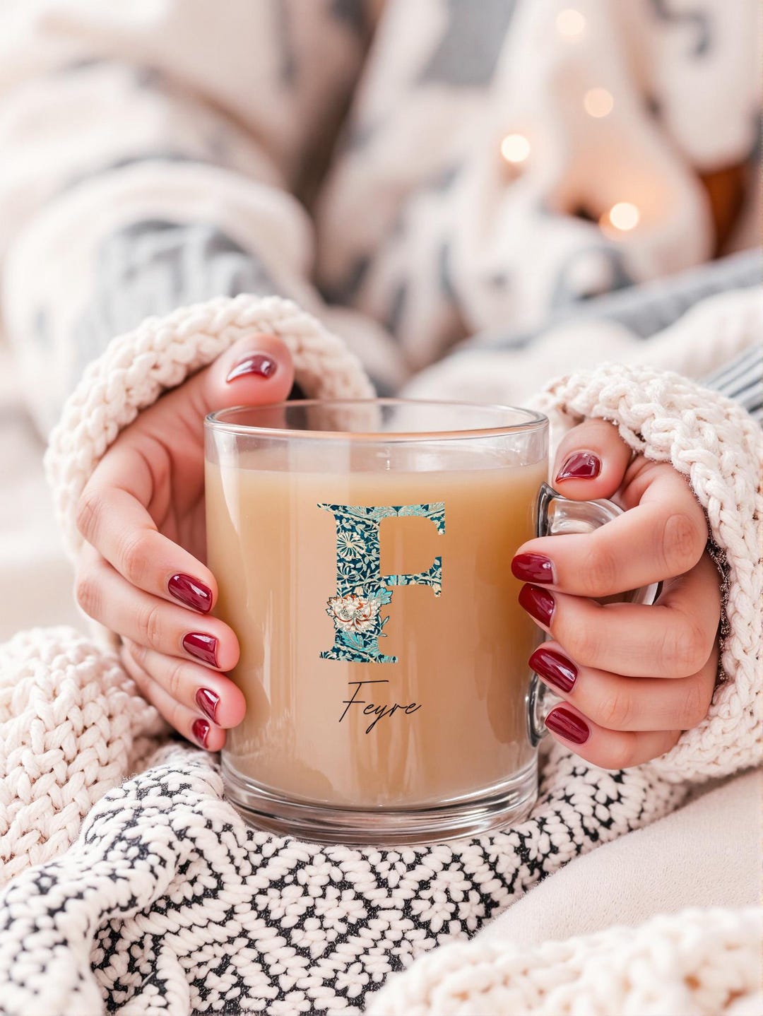 Personalized William Morris Monogram Glass Mug, Custom Name Coffee Cup ...