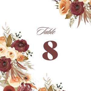 Boho Burnt Orange and Burgundy Wedding Table Sign Templates, Editable ...