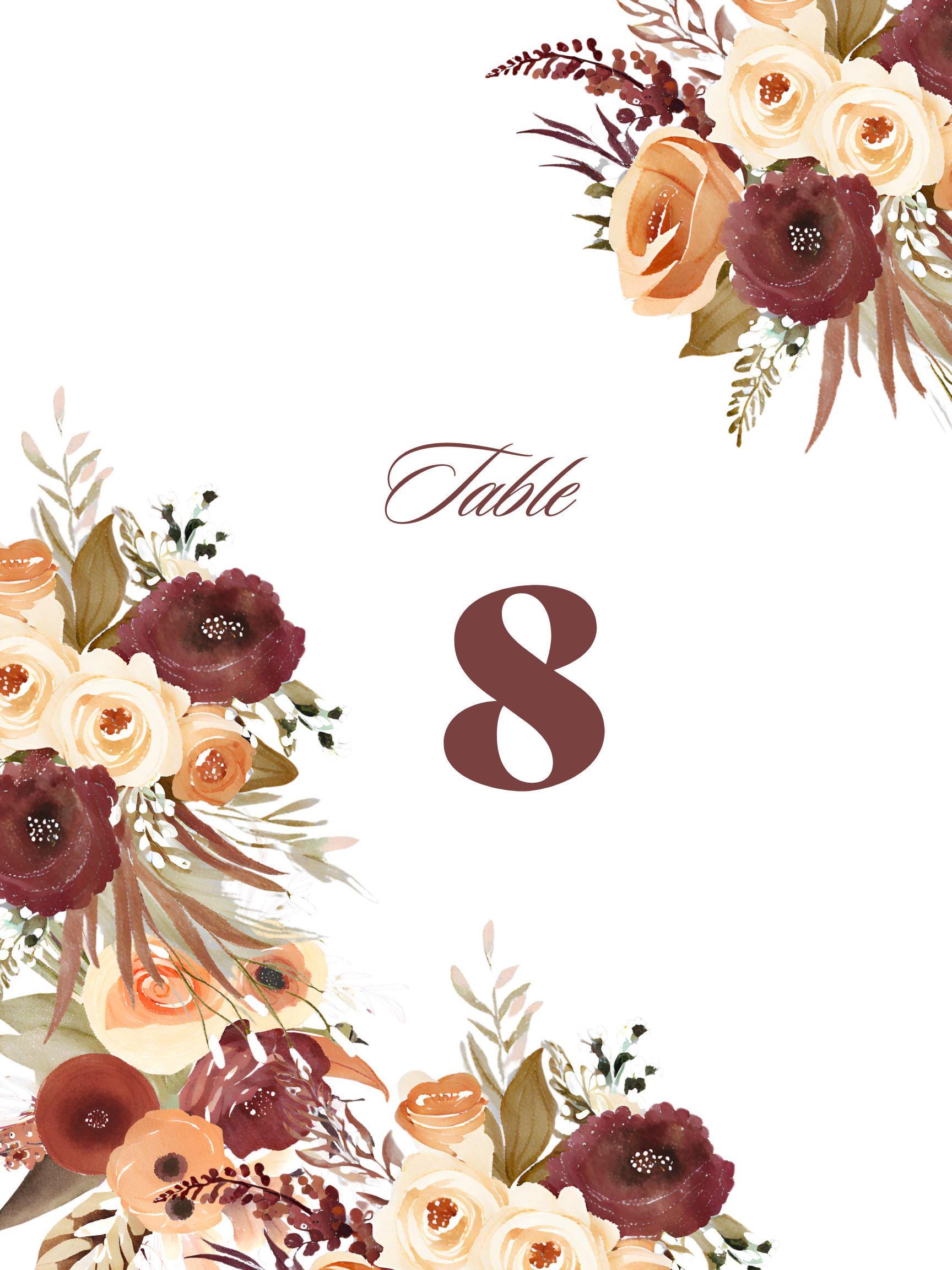 Boho Burnt Orange and Burgundy Wedding Table Sign Templates, Editable ...