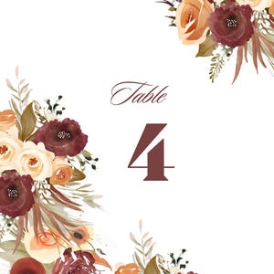 Boho Burnt Orange and Burgundy Wedding Table Sign Templates, Editable ...