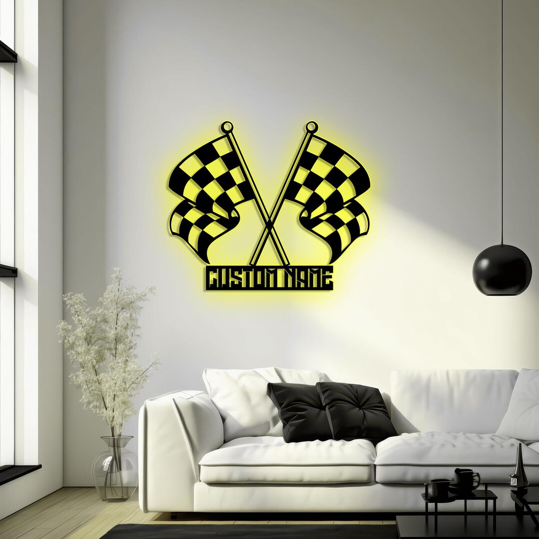 Personalized Racing Flag LED Wall Sign, Custom Checkered Flag Metal ...