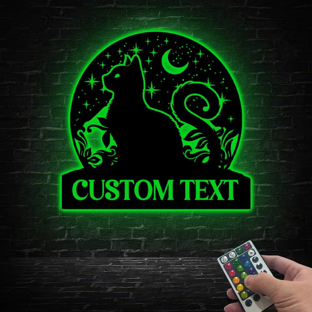 Personalized Cat LED Metal Sign, Custom Moon Cat Wall Light, Color ...