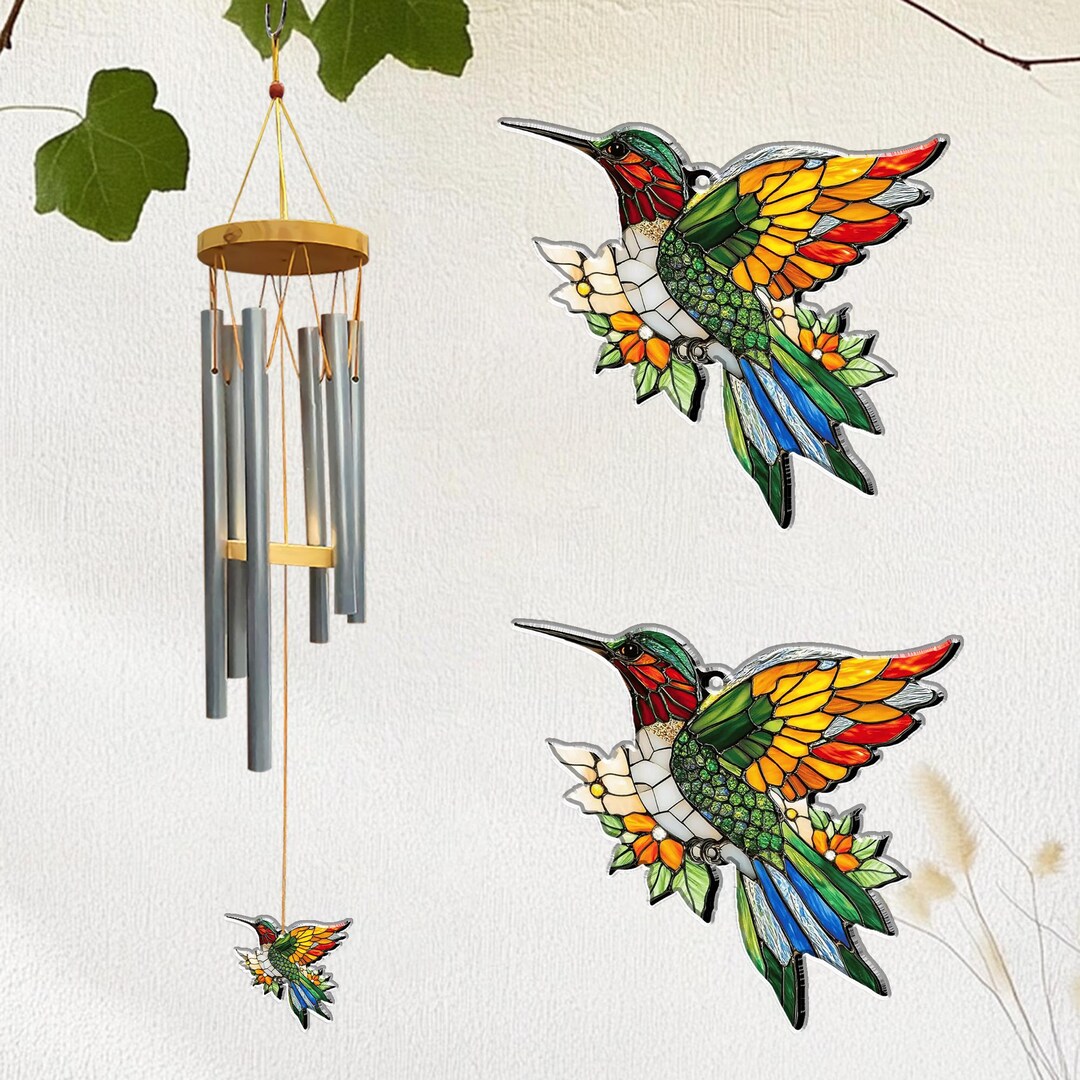 Hummingbird Alumium With Wind Chimes, Colorful Window Hanging, Bird ...