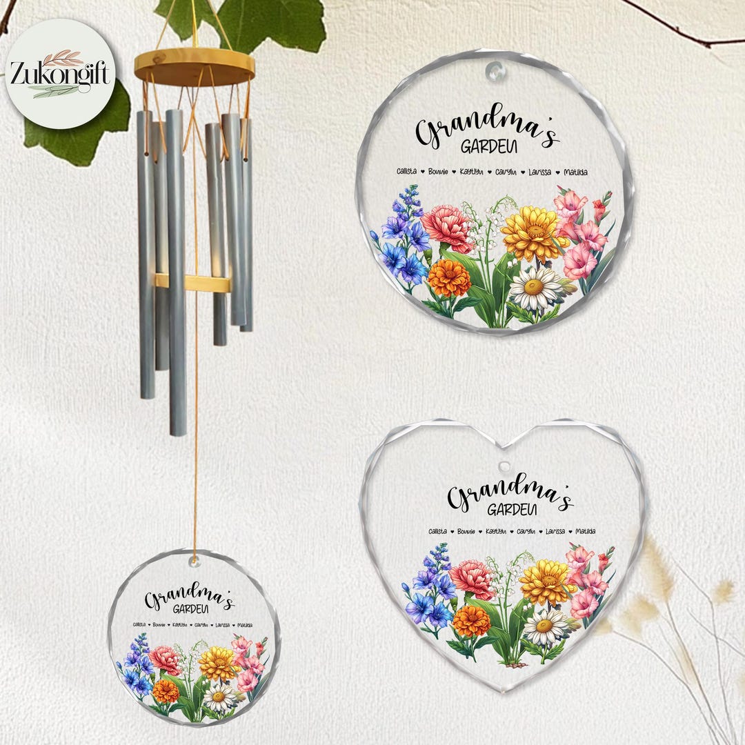 Personalized Birth Flower With Glass Ornament Windchimes for Family ...