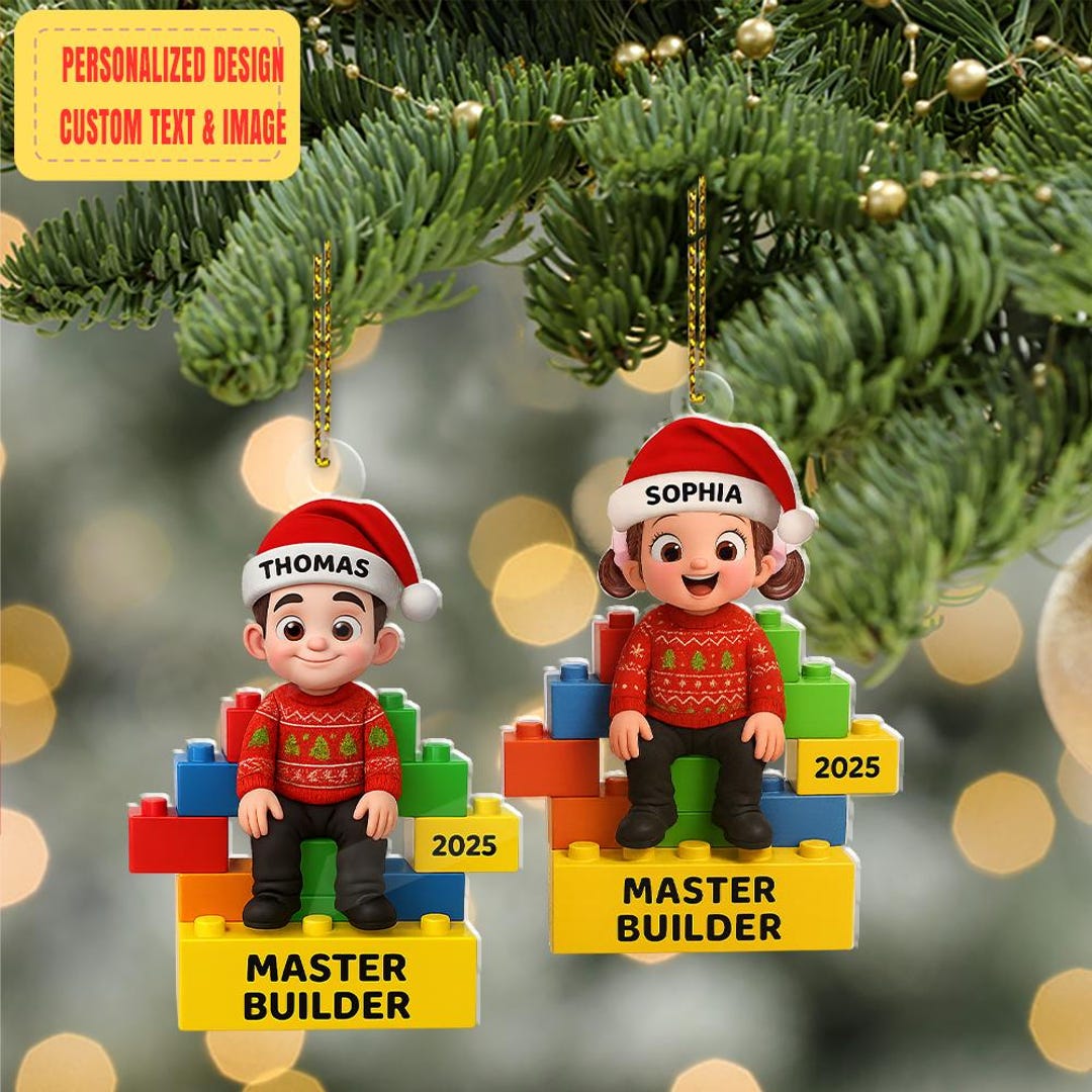 Custom Building Block Ornament With Names, 2D Flat Little Kid Master ...