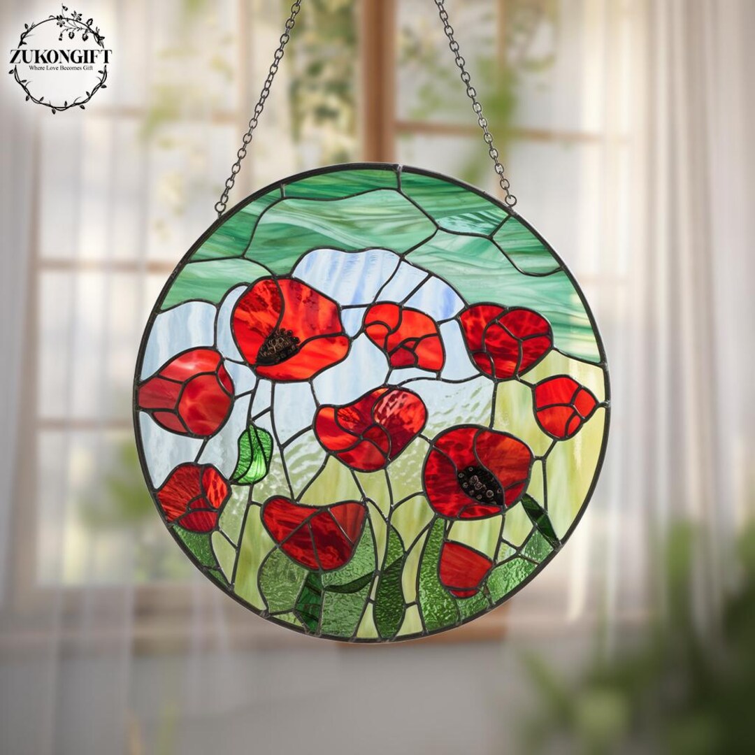 California Poppy Stained Glass Suncatcher, Tiffany Style Round Window ...