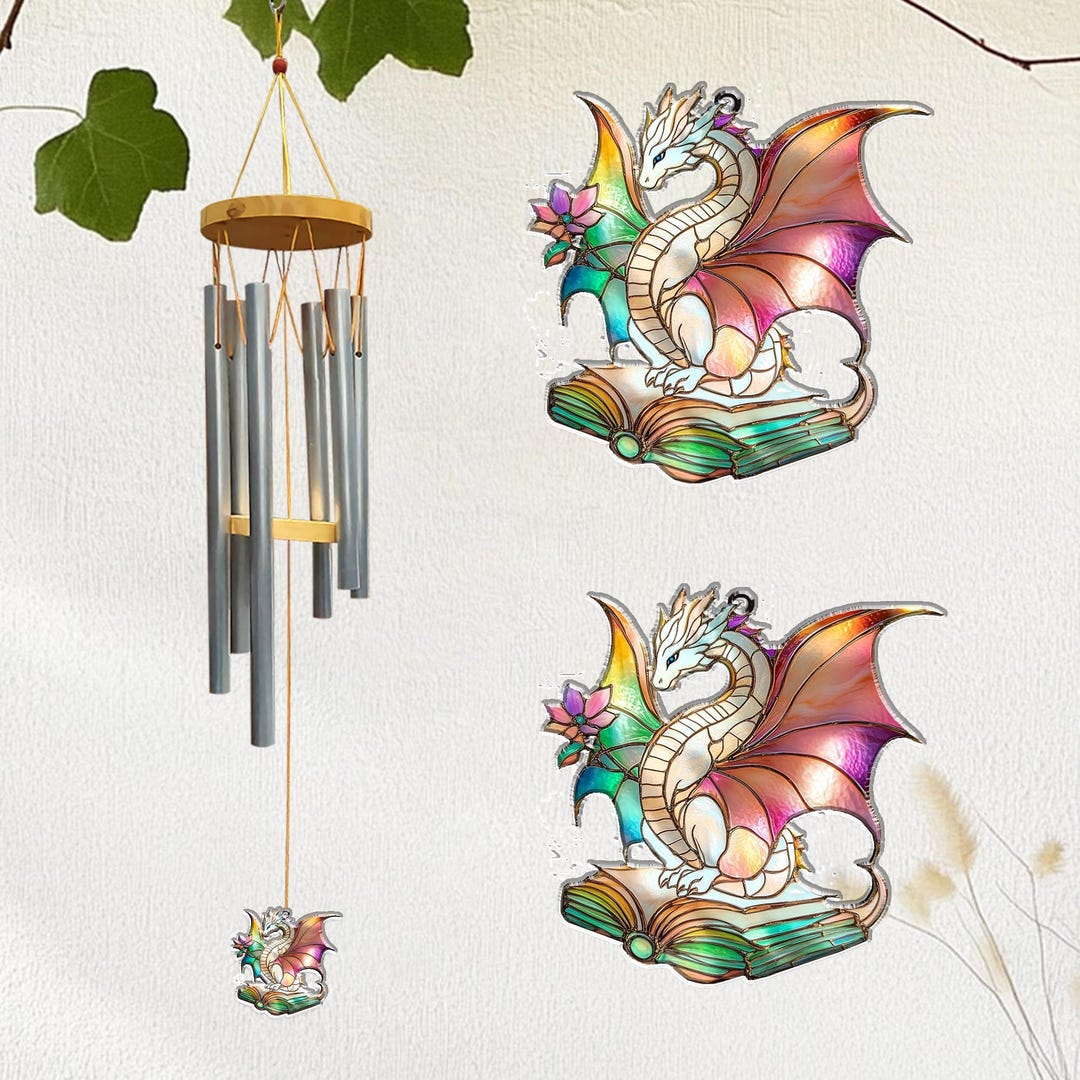 Pastel Dragon on Book Wind Chimes, Wind Chimes Decor, Mythical Dragon ...