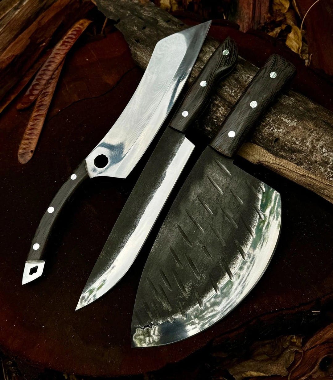 Hand Forged Kitchen Set | Handmade Carbon Steel 3 Pcs Chef Set ...